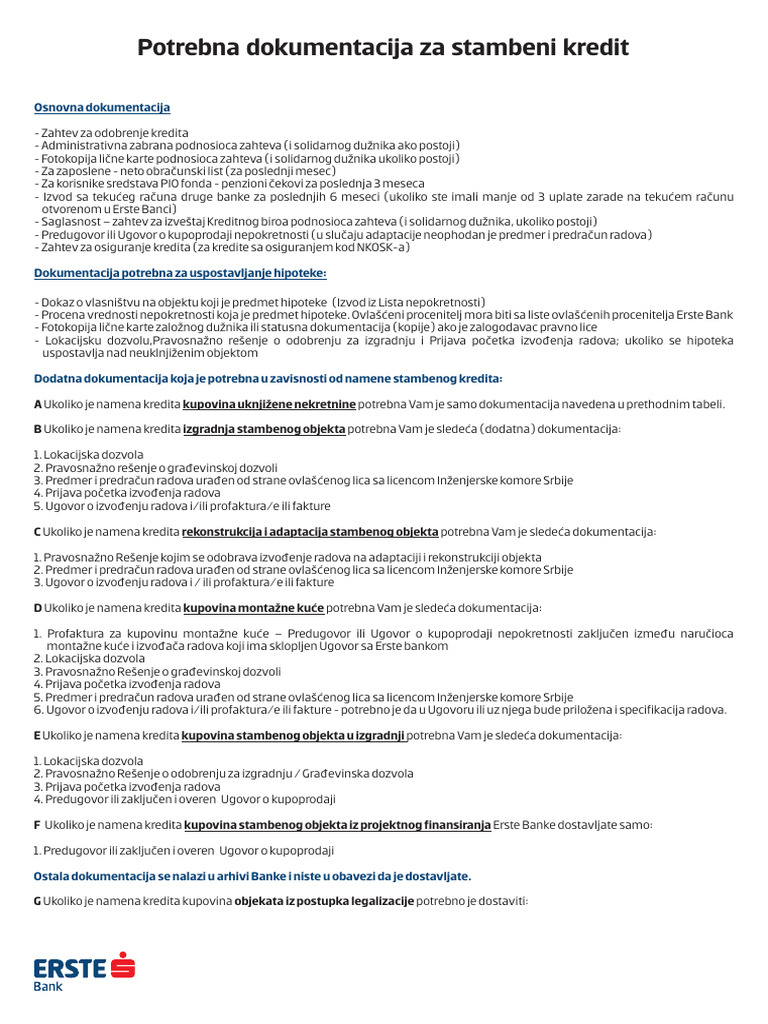 Potrebna Dokumentacija Za Stambeni Kredit | PDF