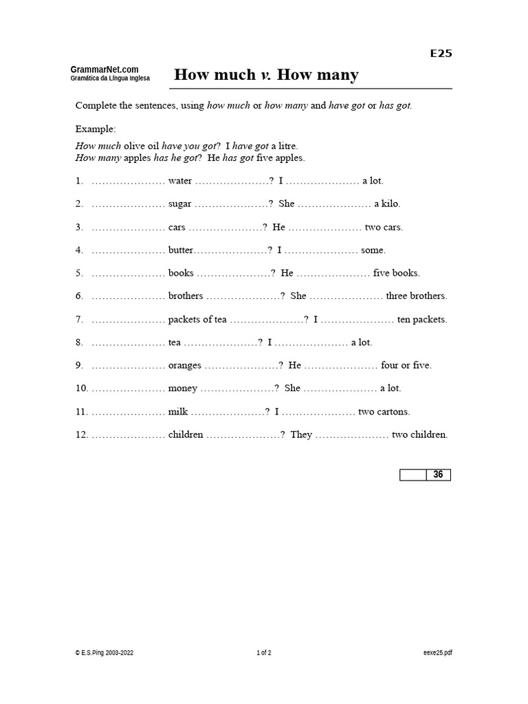 Atividade How much v. How many | PDF