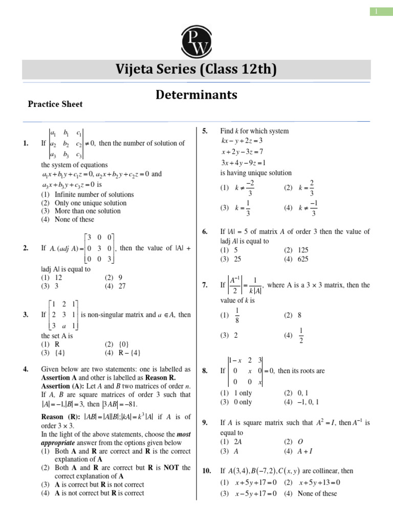 Determinants _ Practice Sheet __ VIJETA SERIES CLASS-12TH | Download Free PDF | Mathematical ...
