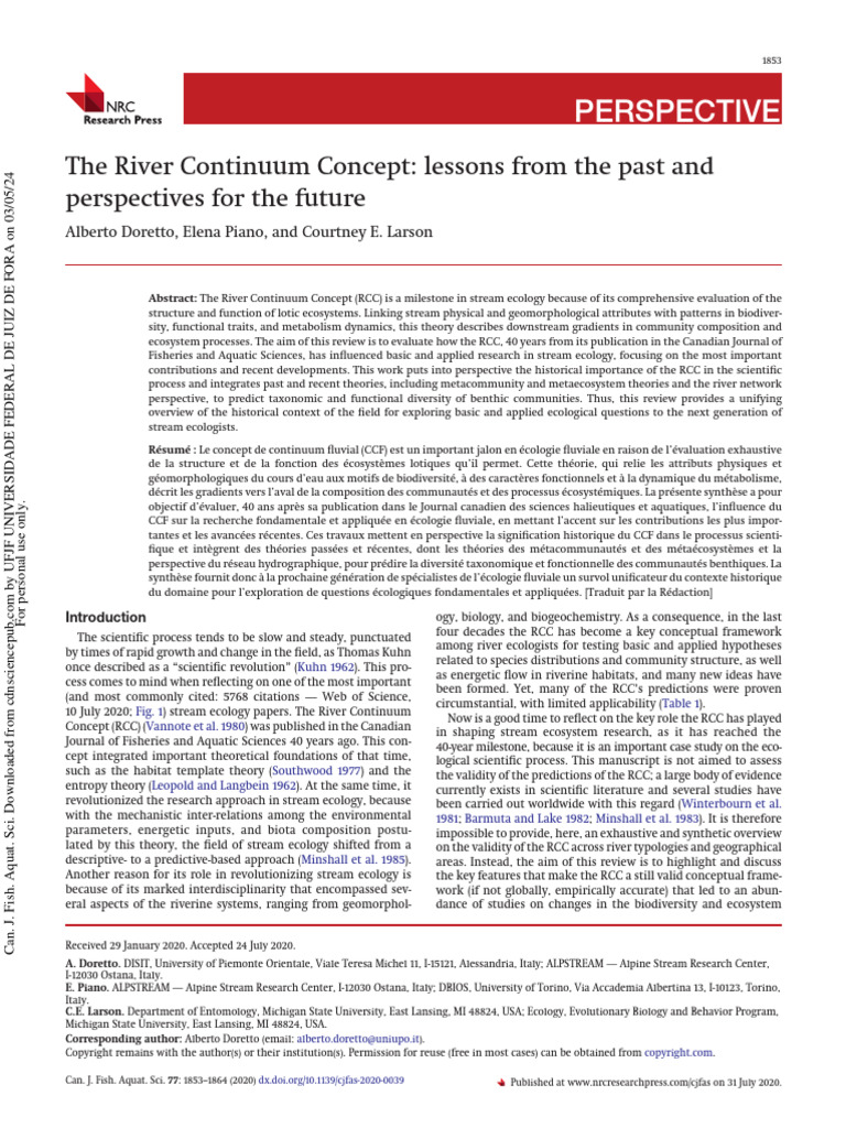 Doretto Et Al 2020 The River Continuum Concept Lessons From The Past ...