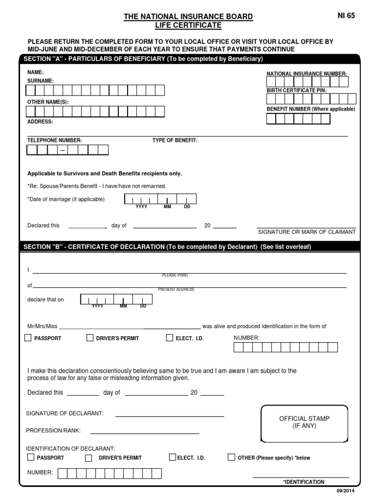 NI65 Life Certificate Form_Sept 2014 Amended | PDF | Identity Document ...