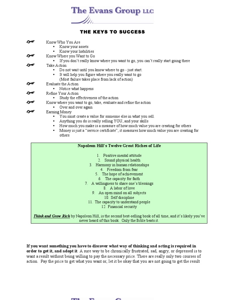 Keys To Success | PDF | Goal | Napoleon Hill