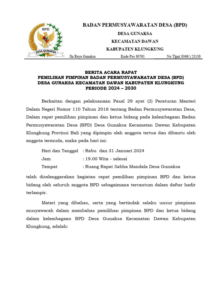 Pemilihan Pimpinan BPD Gunaksa | PDF | Politik
