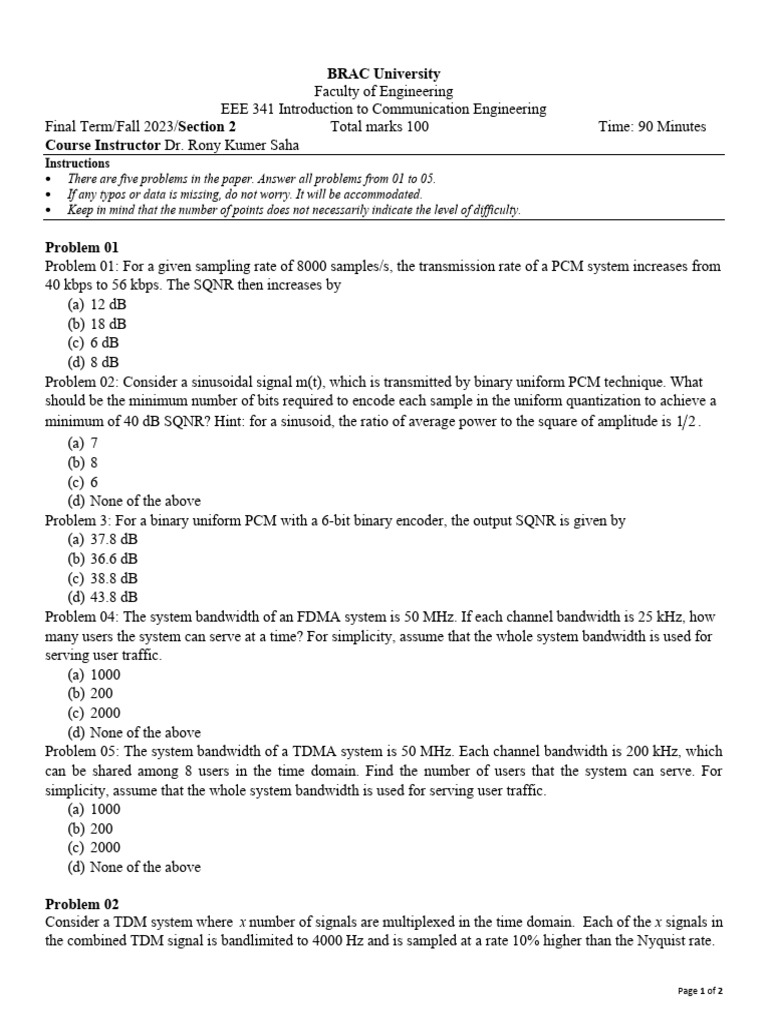 341 Final Fall23 S02 | PDF | Sampling (Signal Processing) | Frequency Modulation