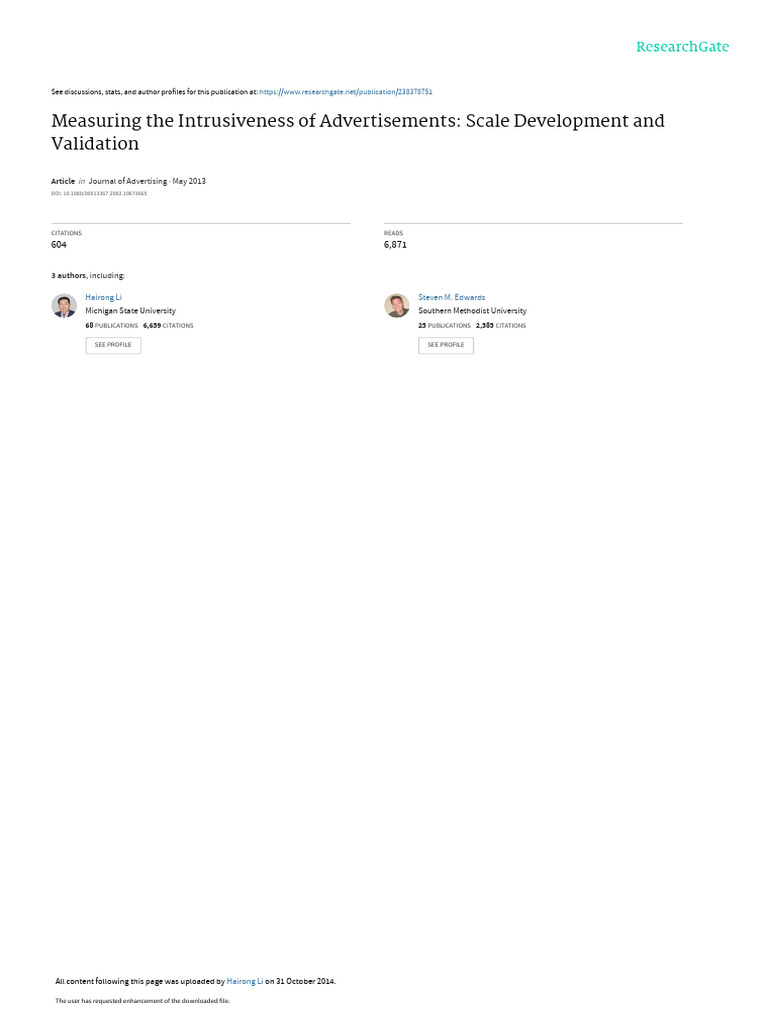 Measuring The Intrusiveness of Advertisements Scal | PDF | Advertising | Validity (Statistics)