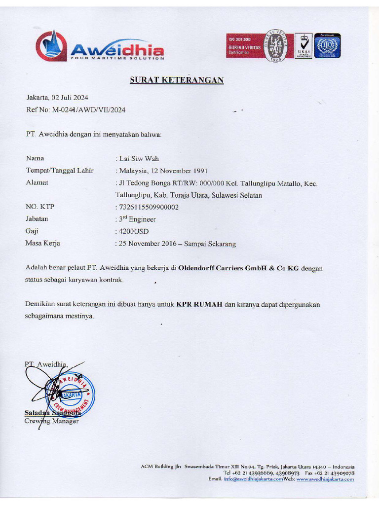 Surat Keterangan - Lai Siw Wah | PDF