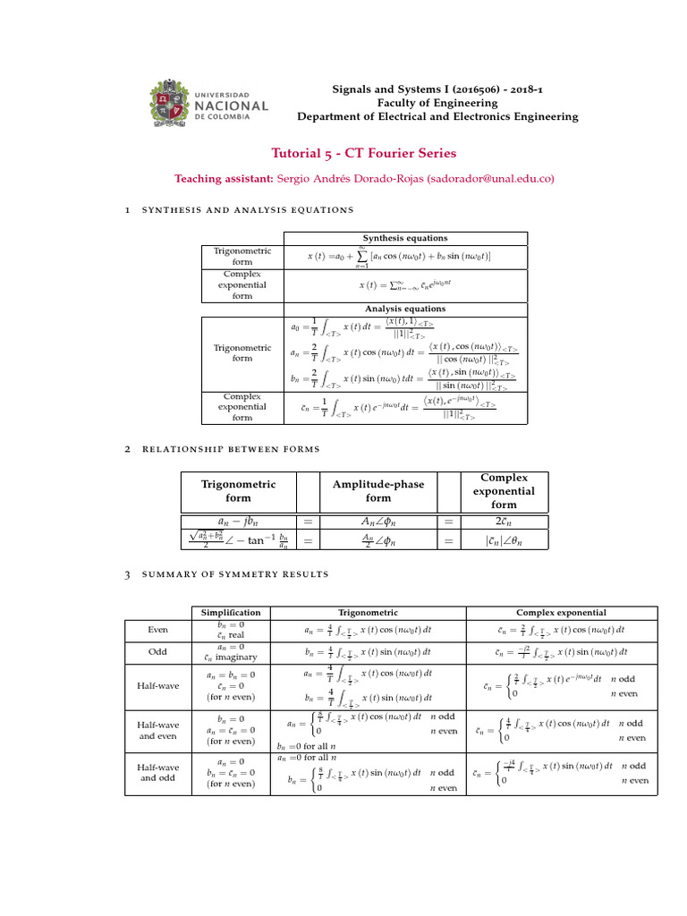 Tutorial 5 - Formulas of CT Fourier Series | PDF | Harmonic Analysis | Trigonometry