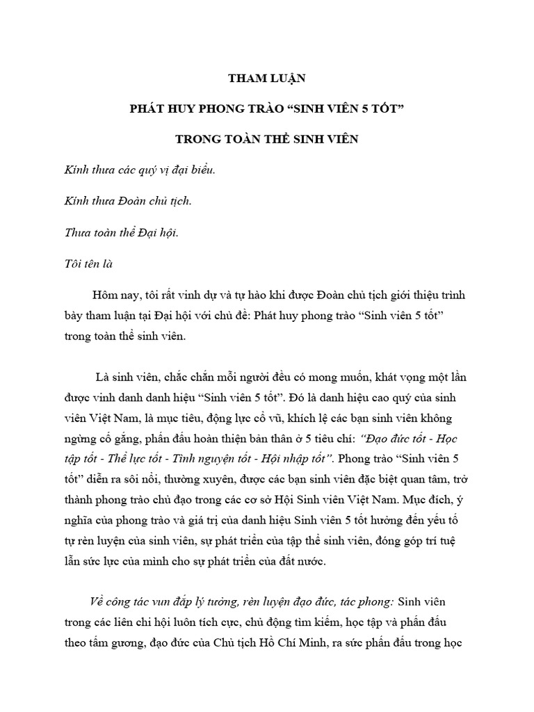 THAM LUẬN- PHÁT HUY PHONG TRÀO SINH VIÊN 5 TỐT TRONG TOÀN THỂ SINH VIÊN | PDF