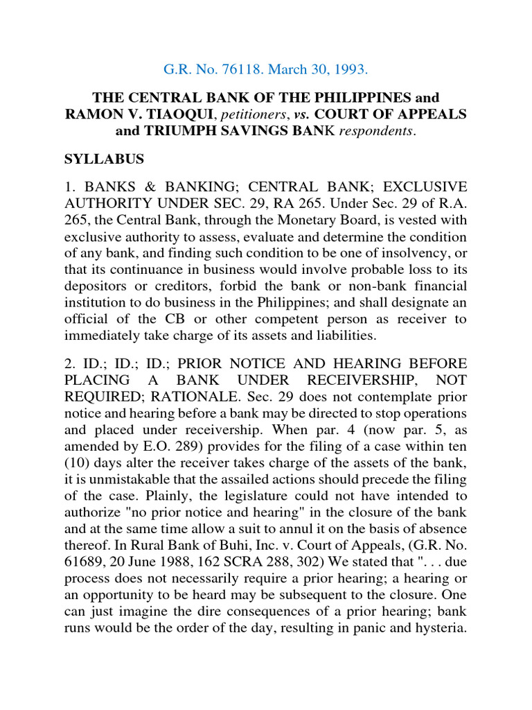 THE CENTRAL BANK OF THE PHILIPPINES and RAMON V. TIAOQUI, Petitioners ...