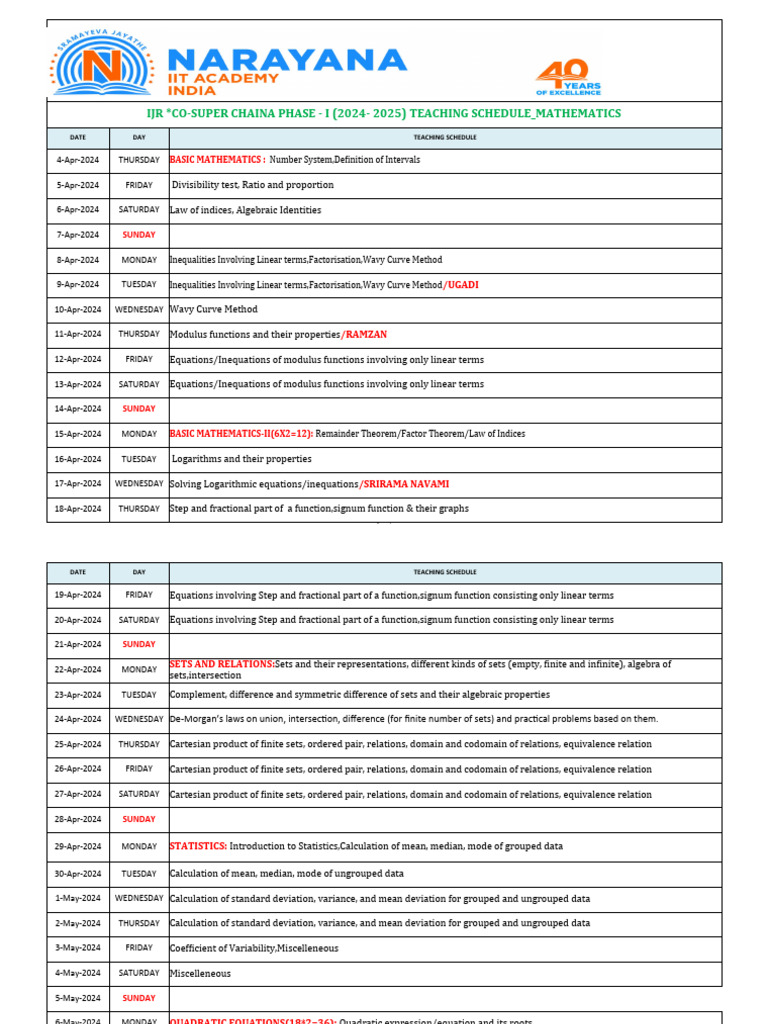 JR (2024-26) - Star Co Super Chaina - Model-A - Teaching, Exam Schedule ...