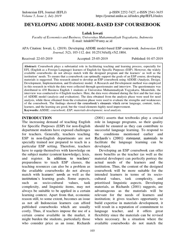 ADDIE Model for ESP Coursebook Development | PDF | Learning ...