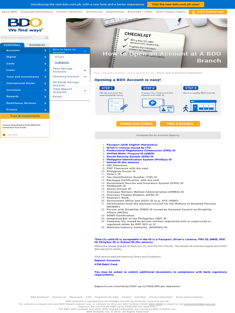 How To Open An Account at A BDO Branch BDO Unib | PDF | Identity Document | Banking