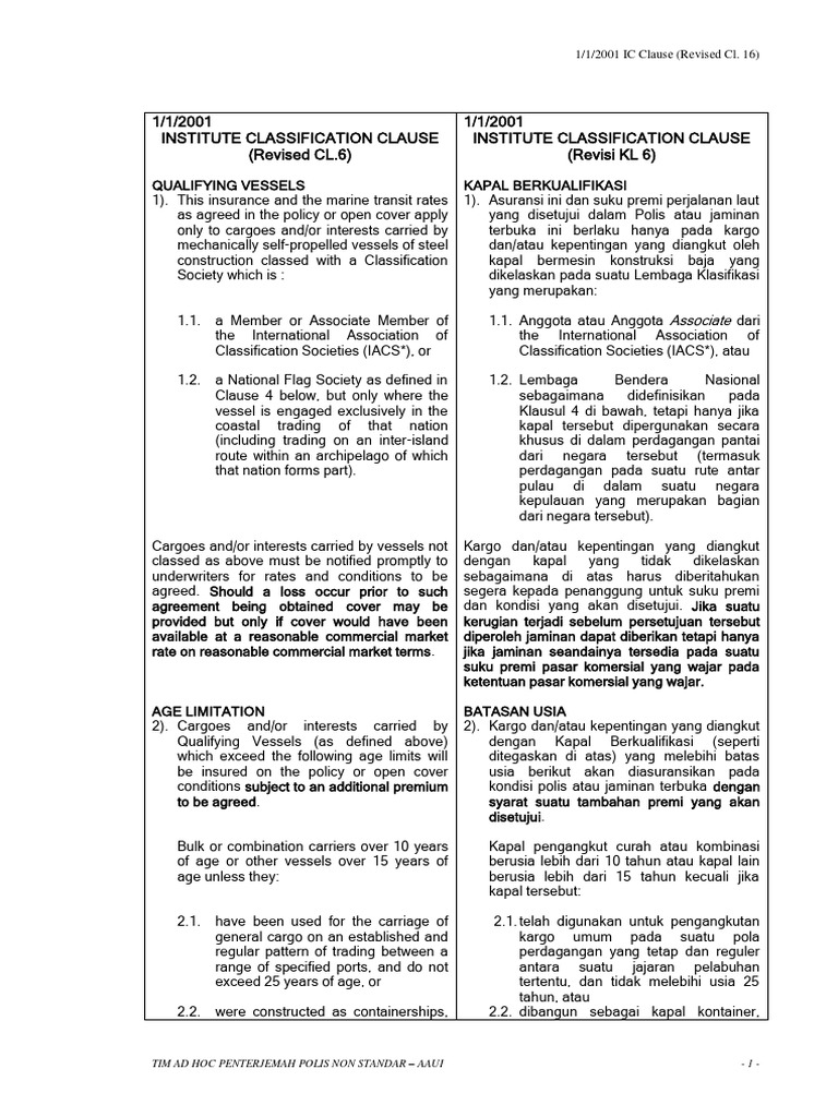 Klausul Klasifikasi Institut 2001 | PDF