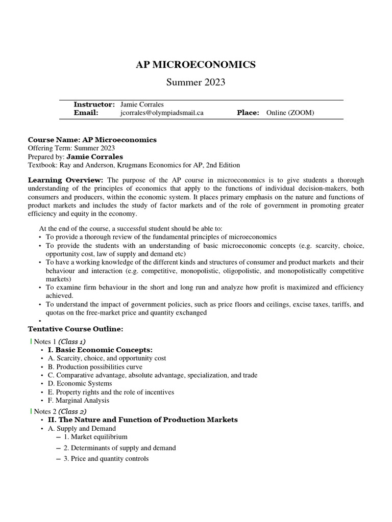 Class00 AP Microeconomics Course Outline | PDF | Long Run And Short Run ...