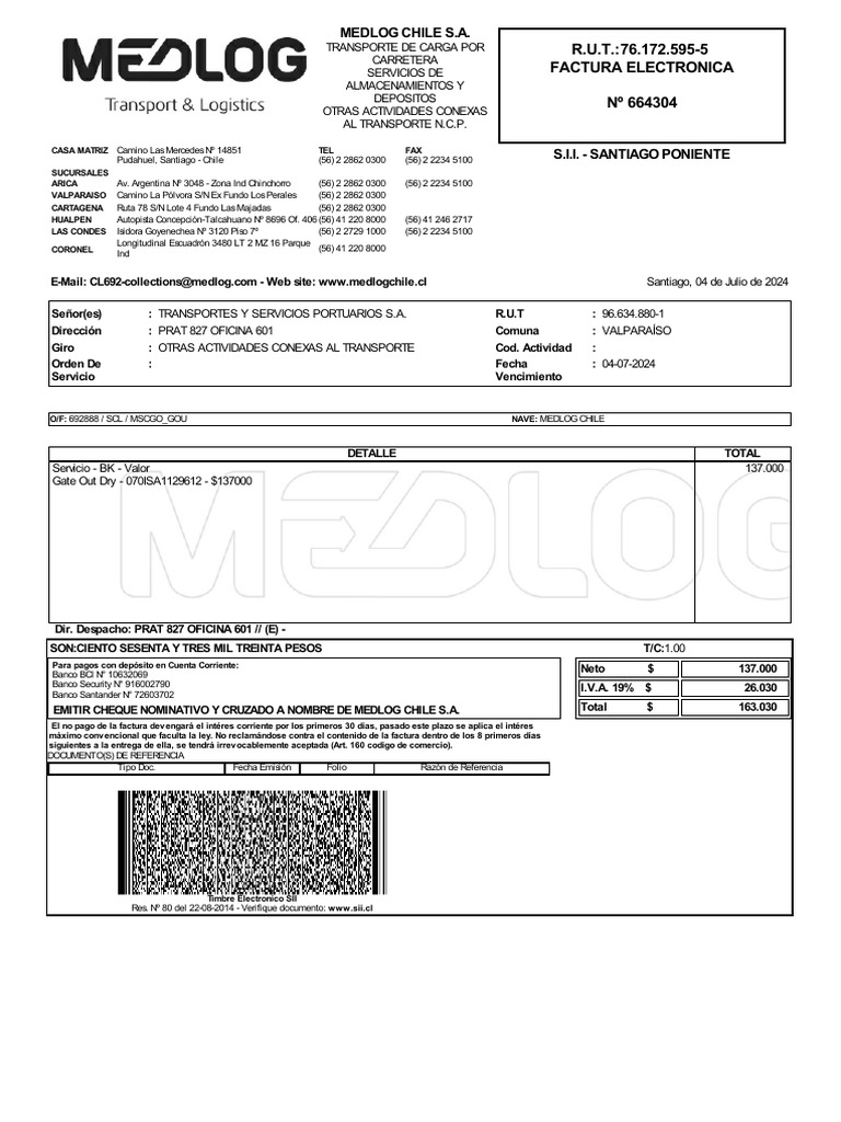 Medlog Chile S.A.: R.U.T.:76.172.595-5 Factura Electronica #664304 | PDF | Chile | Servicios ...