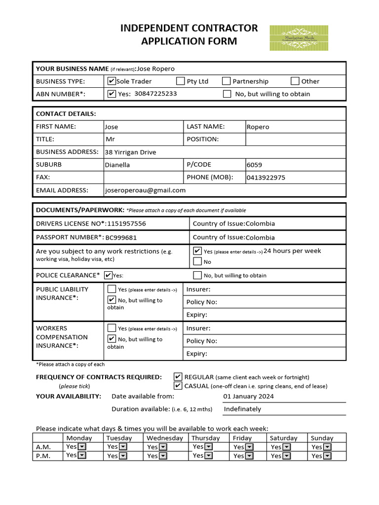 AA Independent Contractor Application Form | PDF | Business