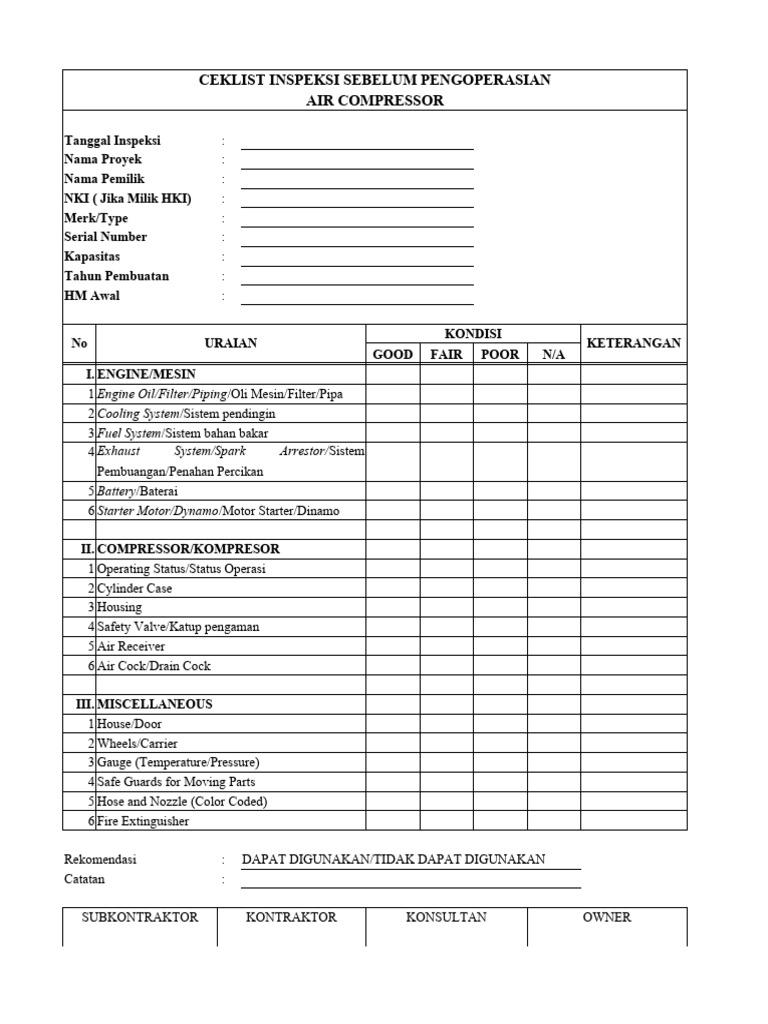 Ceklist Inspeksi Air Compressor | PDF