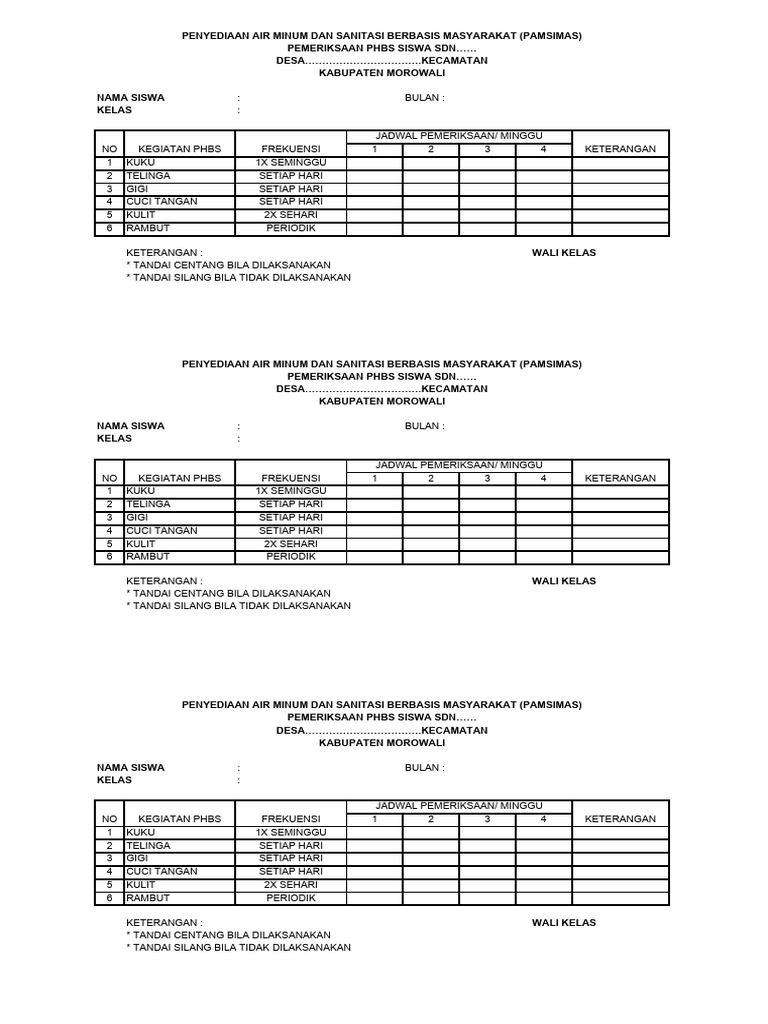 Form Pemeriksaan PHBS Sekolah | PDF