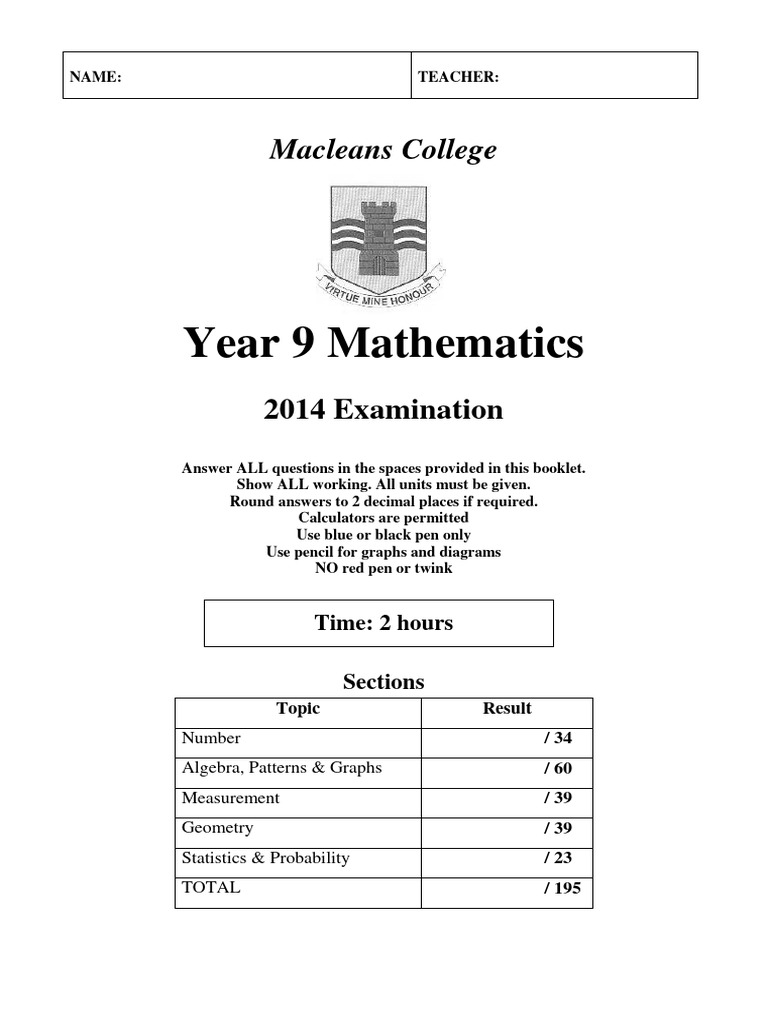 2014 EOY Exam Year 9 | PDF | Area | Mathematics