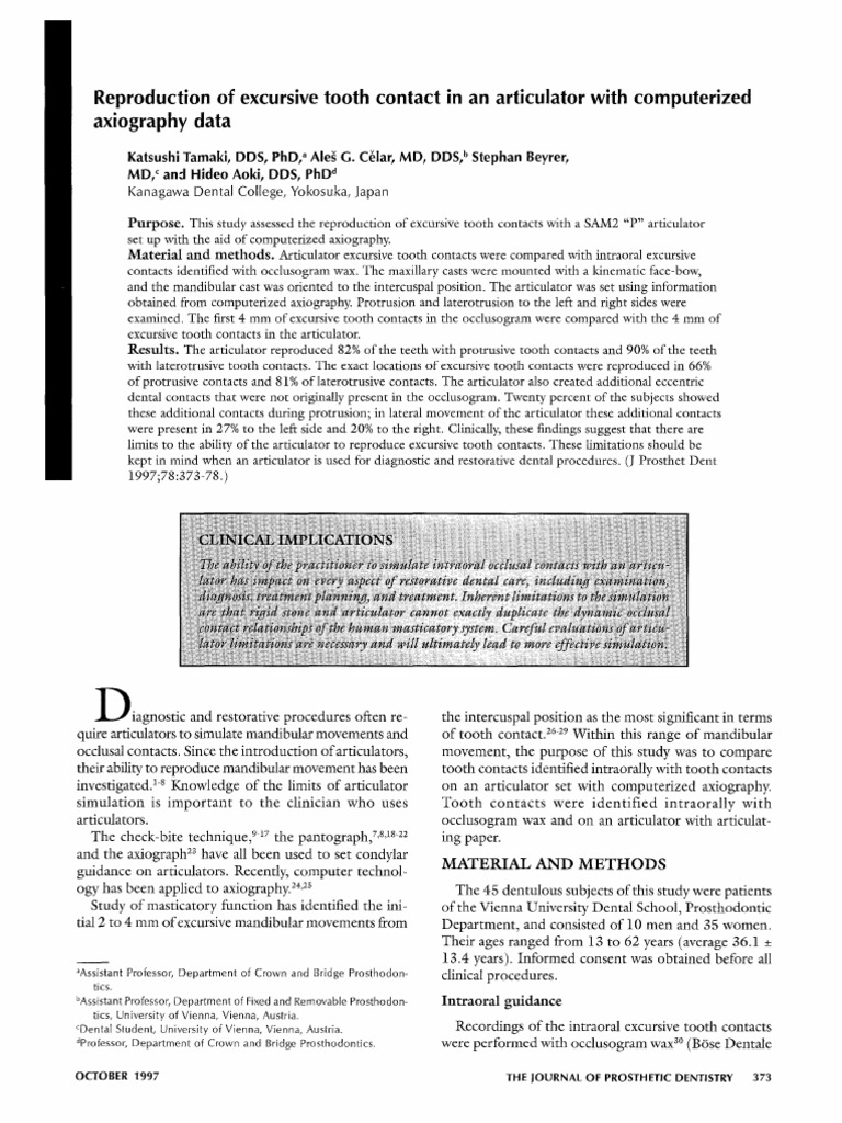 excursive tooth contact in an articulator with computerized axiography ...