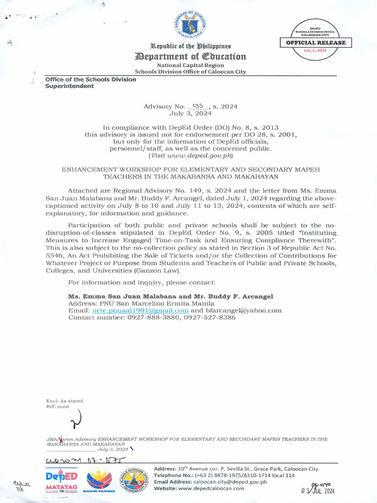 Advisory No. 133, S. 2024 - Enhancement Workshop For Elementary and ...