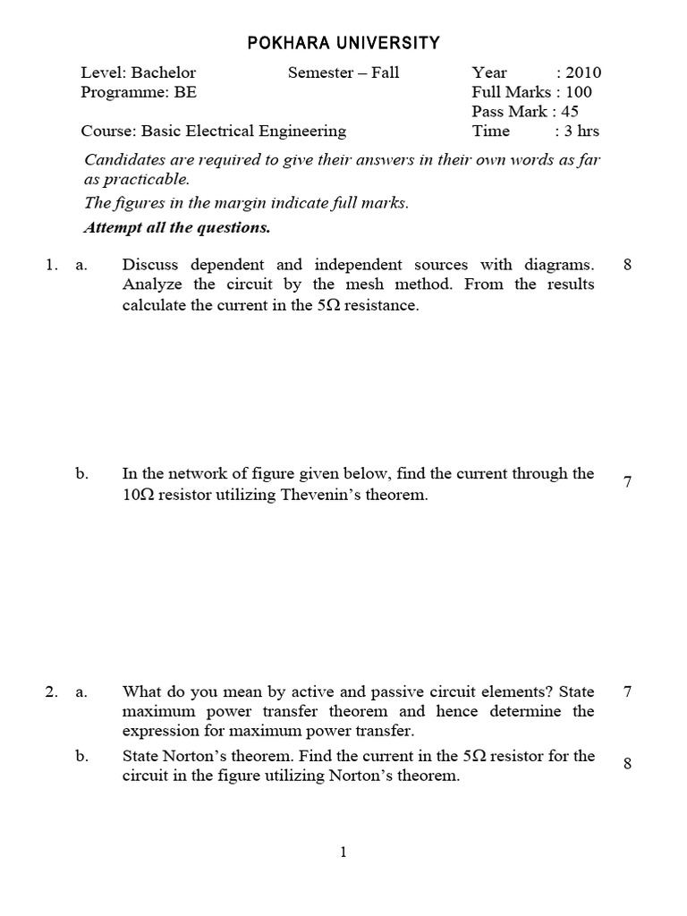 BE Basic Electrical Engineering Exam 2010 | PDF | Transformer ...