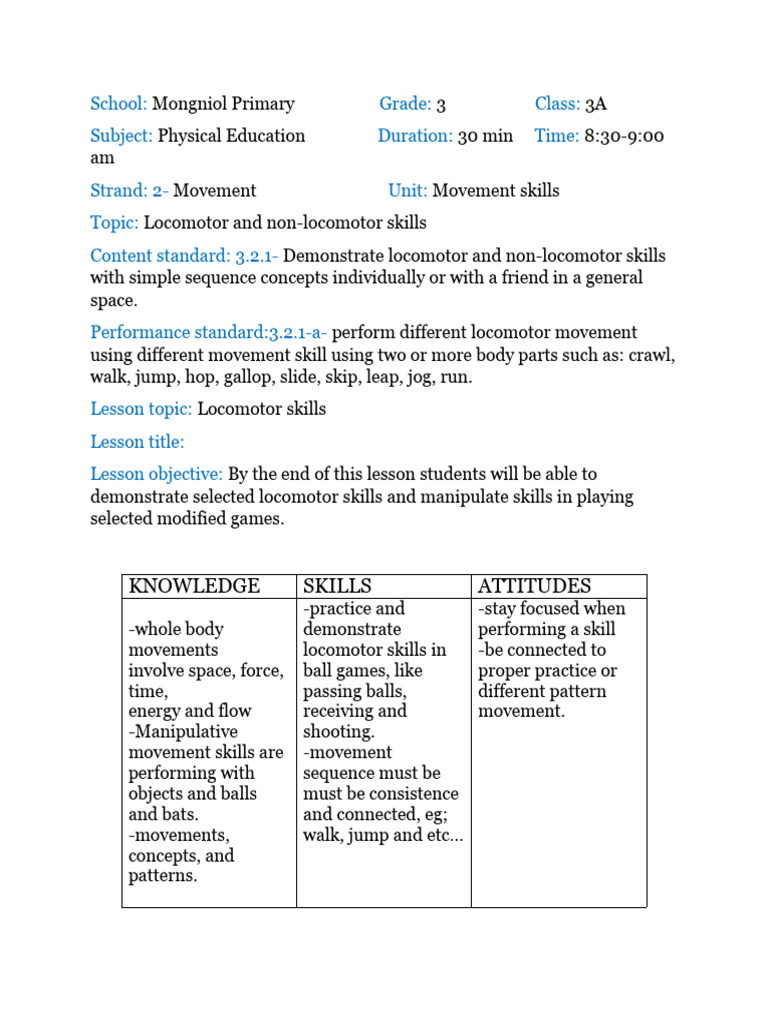 Grade 3 Locomotor Skills Lesson Plan | PDF | Animal Locomotion | Teachers