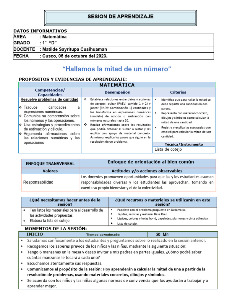 Sesión de Ap. - Mat. - Hallamos La Mitad de Un Número - 5 de Octubre | PDF | Aprendizaje | Science