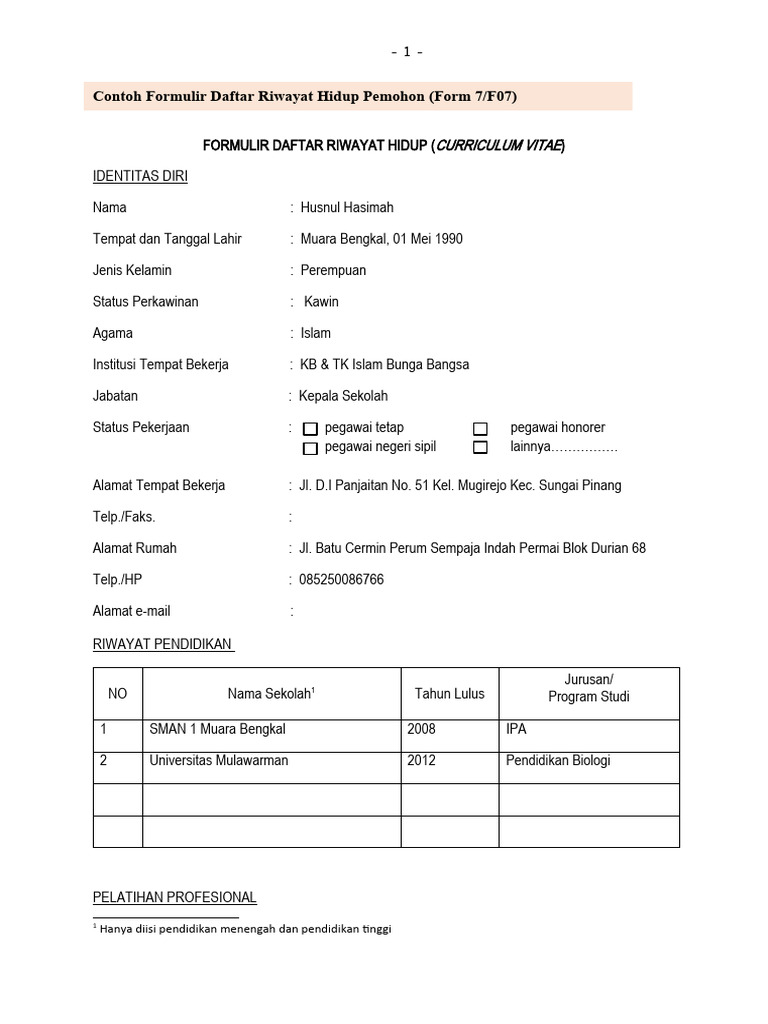 Formulir Daftar Riwayat Hidup Pemohon HUSNUL HASIMAH | PDF