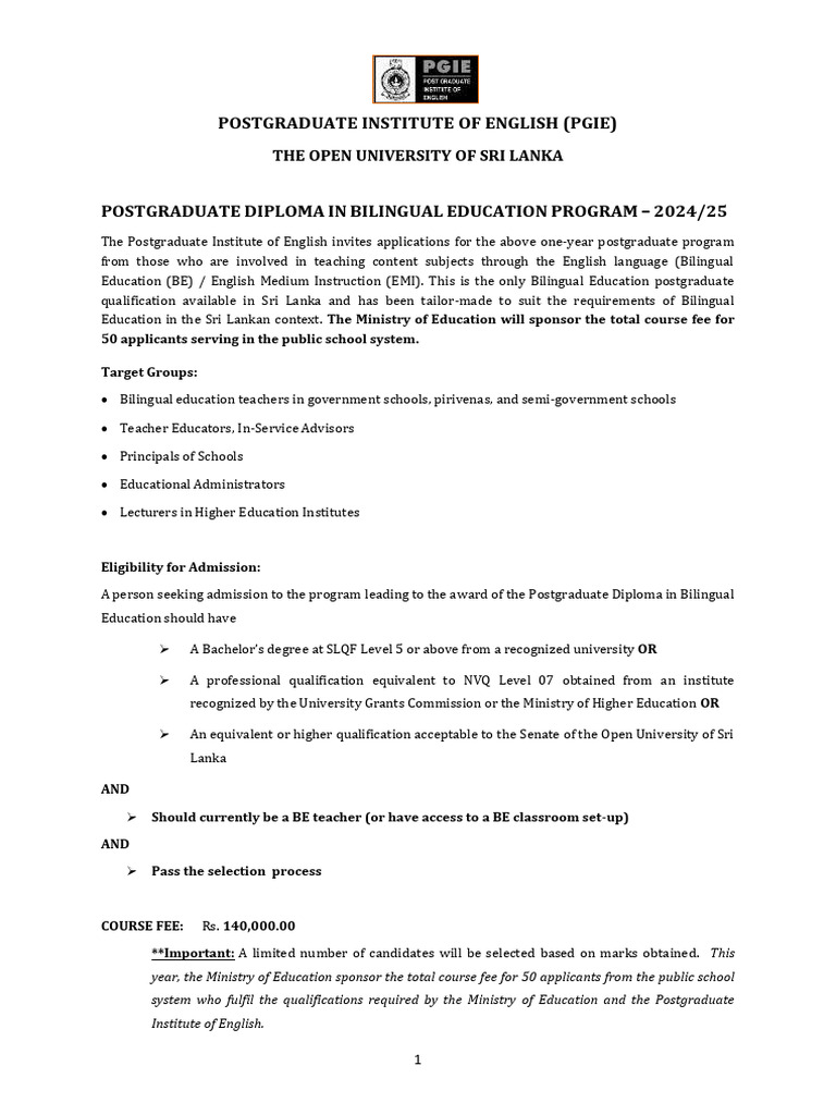 PGDip in Bilingual Education BE Program 2024 OUSL | PDF | Postgraduate ...
