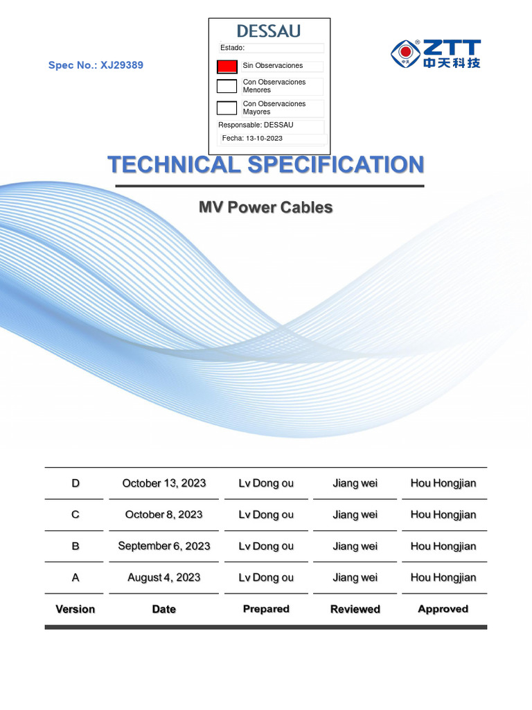 ZTTSC MV Power Cables XJ29389 SPEC REV.D - SO | PDF | Electrical Conductor | Insulator (Electricity)