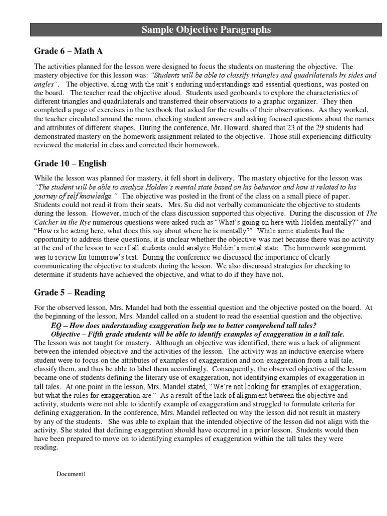 Sample Objective Paragraphs: Grade 6 - Math A | Download Free PDF ...