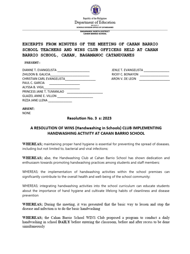 WINS Resolution | PDF | Hand Washing | Health Care