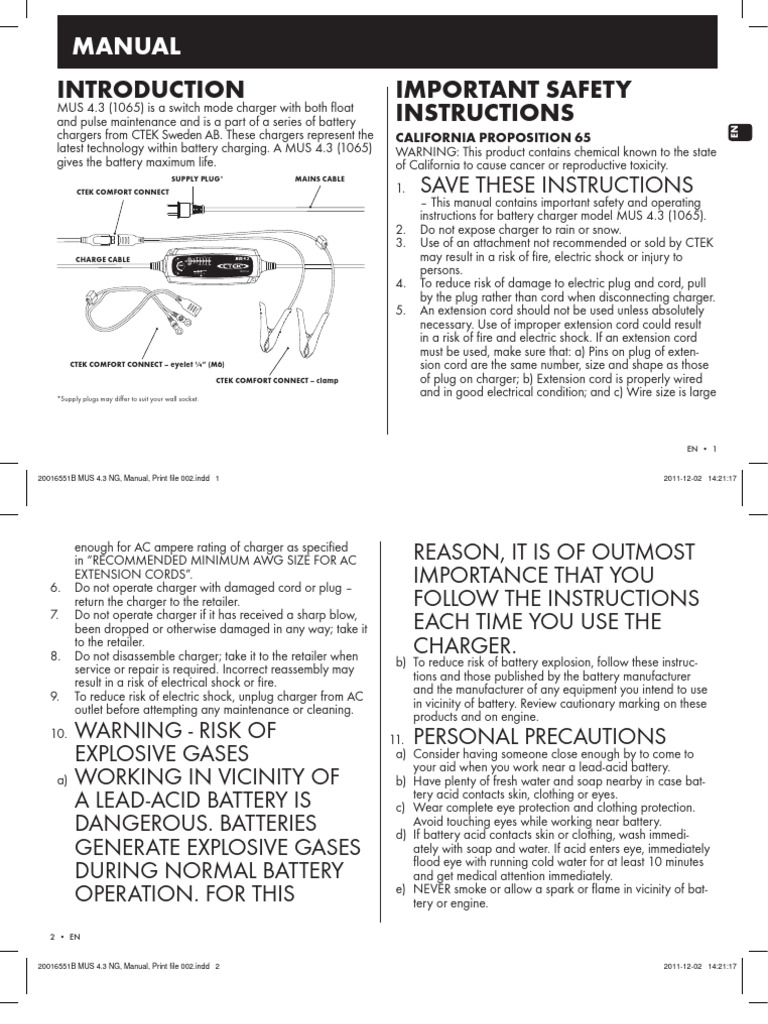 CTEK MUS 4.3 Charger Manual | PDF | Battery Charger | Electrical Connector
