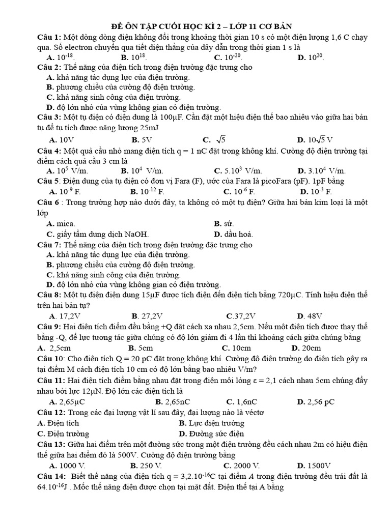 ĐỀ ÔN TẬP HKII - VẬT LÝ 11 | PDF