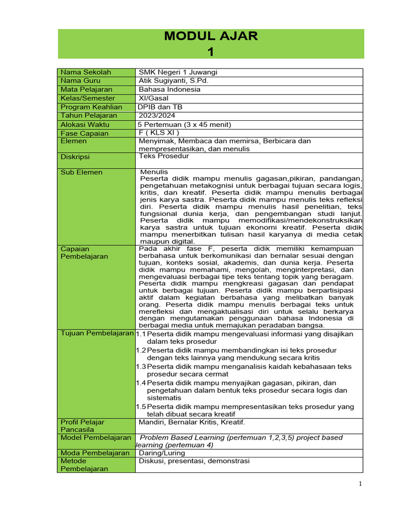 Modul Ajar 1 Teks Prosedur | PDF