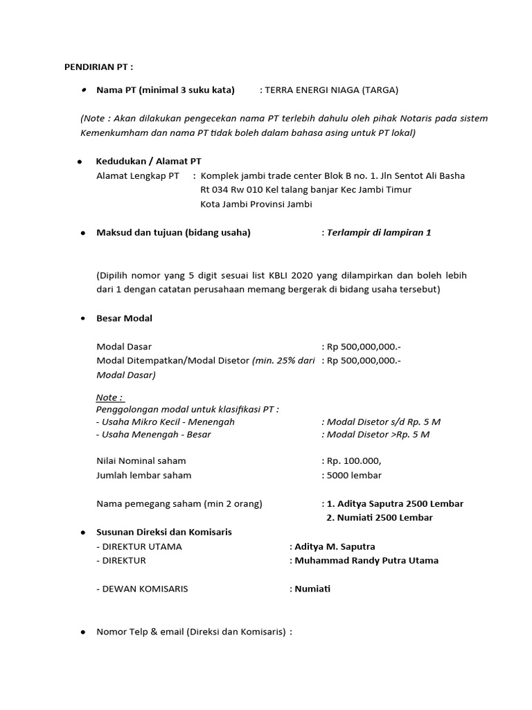 FORM PENDIRIAN PT Baru | PDF