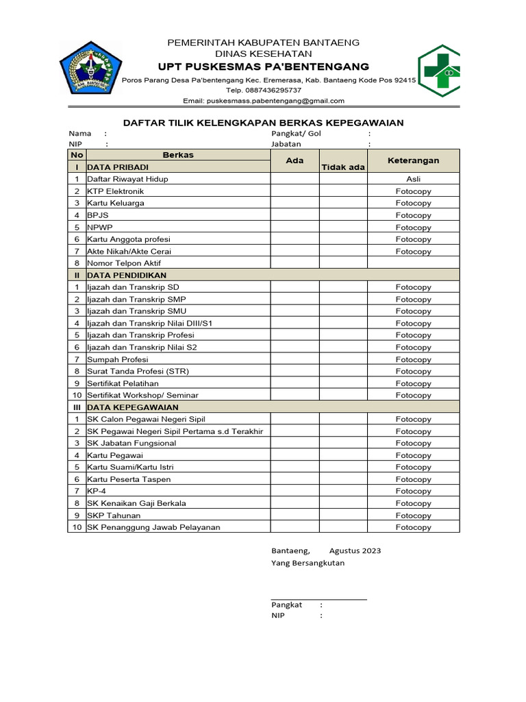 Daftar Berkas Kepegawaian Puskesmas Bantaeng | PDF