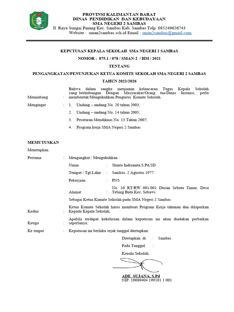 SK Pembetukan Komite SMAN 2 Sambas 2021 Bu Shinta | PDF
