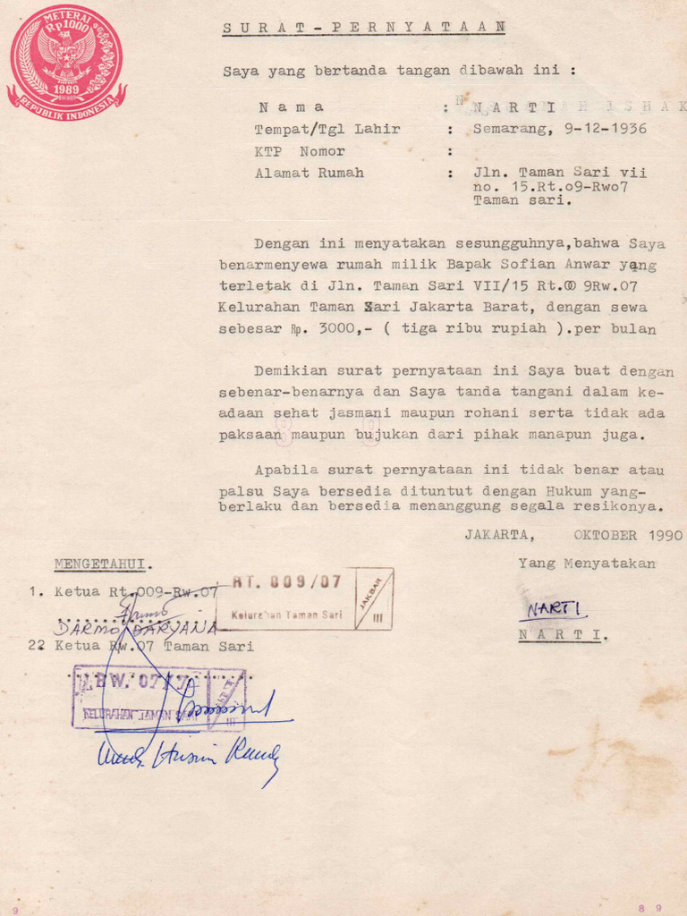 Surat Pernyataan Narti | PDF