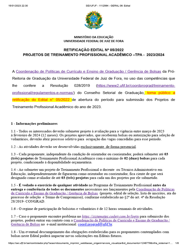 Retificação Edital TPA 2023/2024 UFJF | PDF | Science