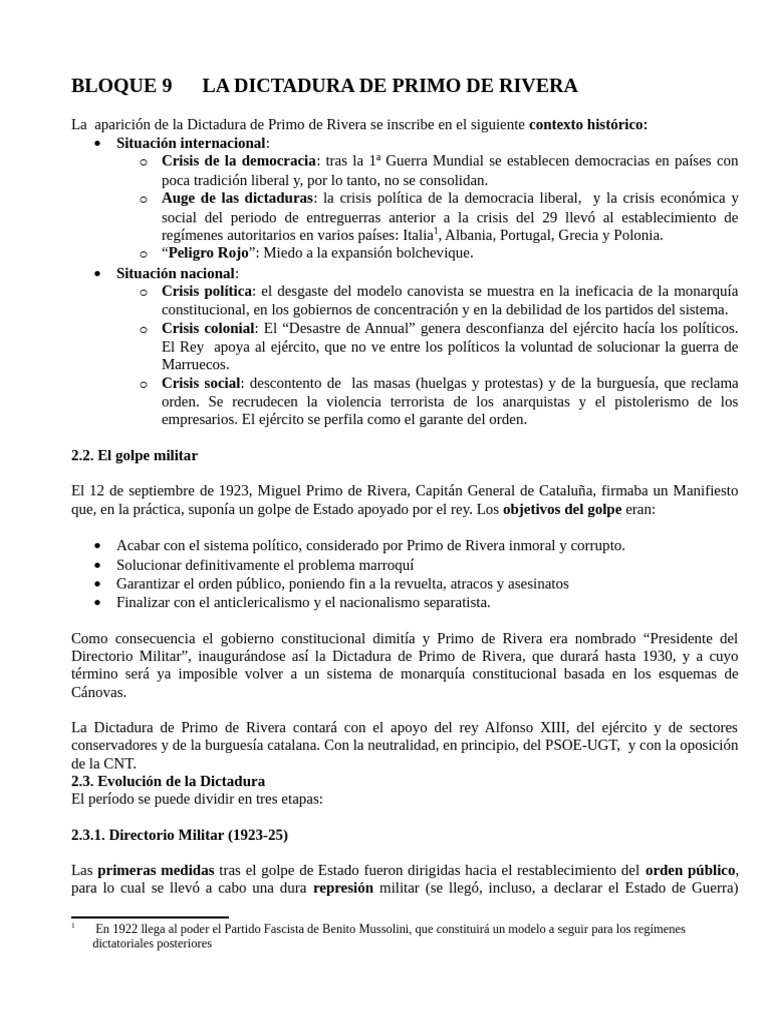 Bloque 9 La Dictadura de Primo de Rivera | PDF | Gobierno de españa | Gobierno