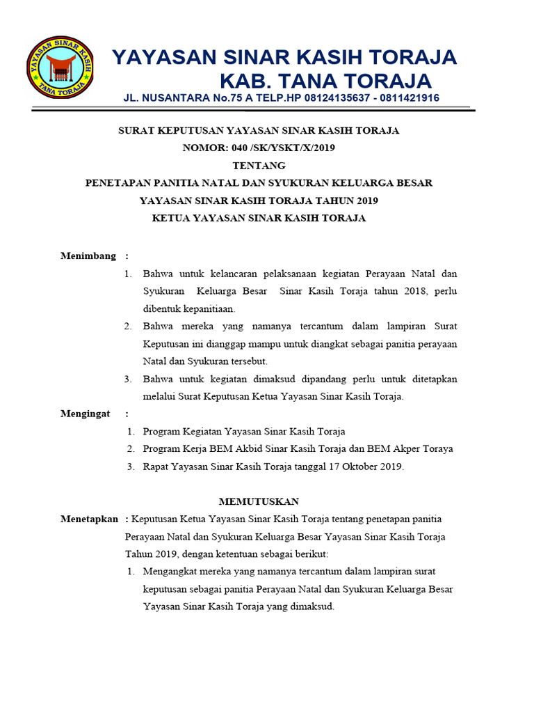 Sk Panitia Natal Yayasan Sinar Kasih Pdf Karier And Perkembangan