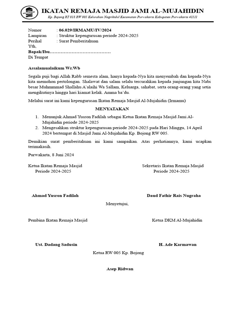 Surat Pemberitahuan Kepengurusan Baru | PDF