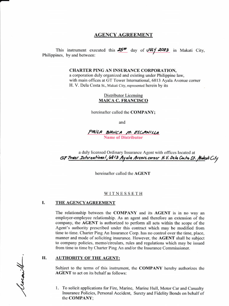 Insurance Agency Agreement | PDF | Insurance | Risk