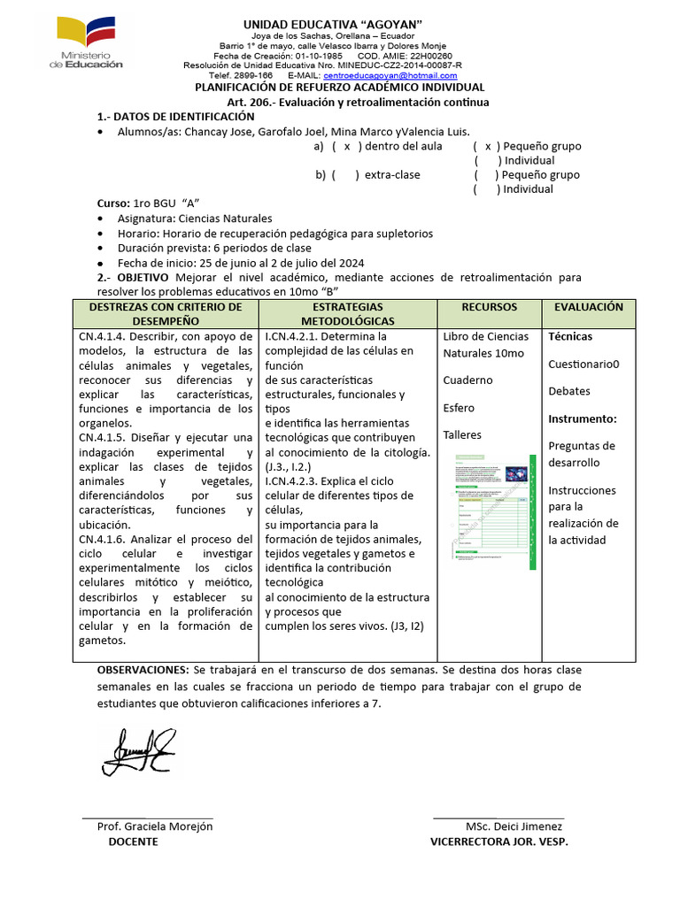 Planificacion de Refuerzo Academico CCNN 10mo B | PDF | Evaluación | Biología