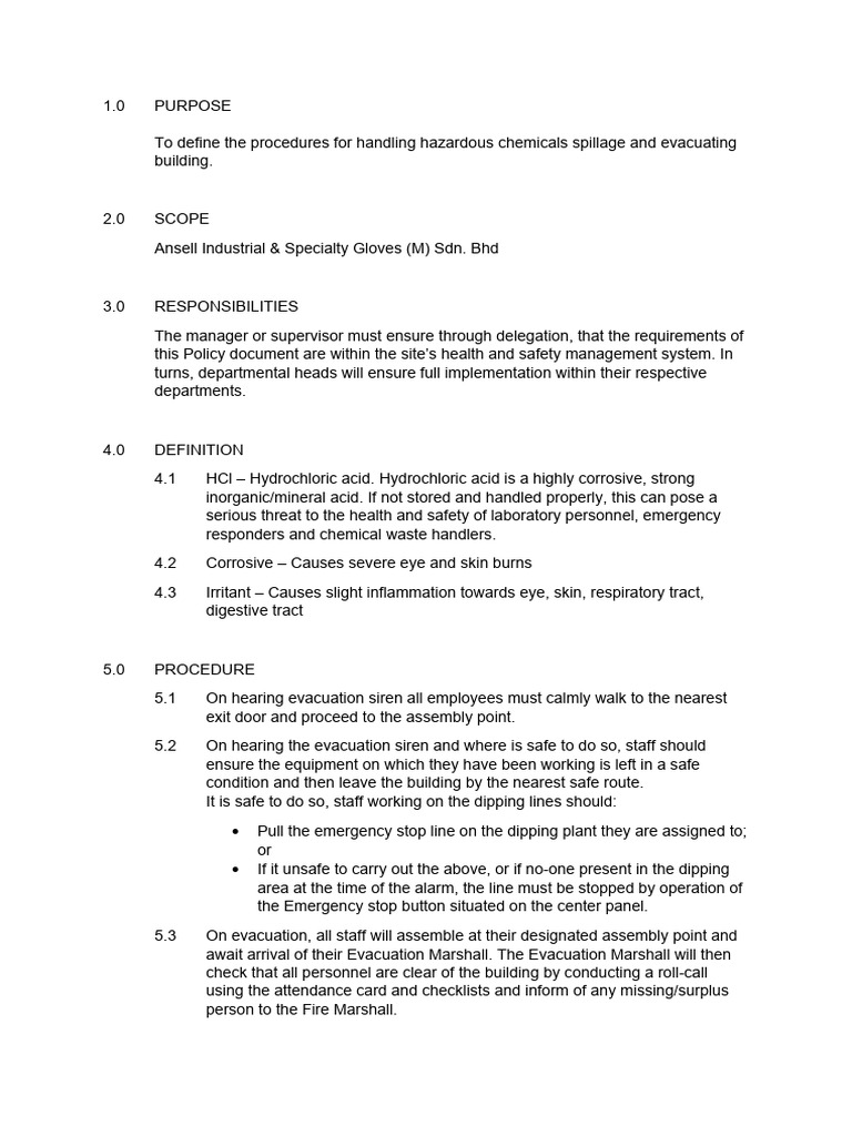 HCL Spillage | PDF | Hydrochloric Acid | Emergency Evacuation