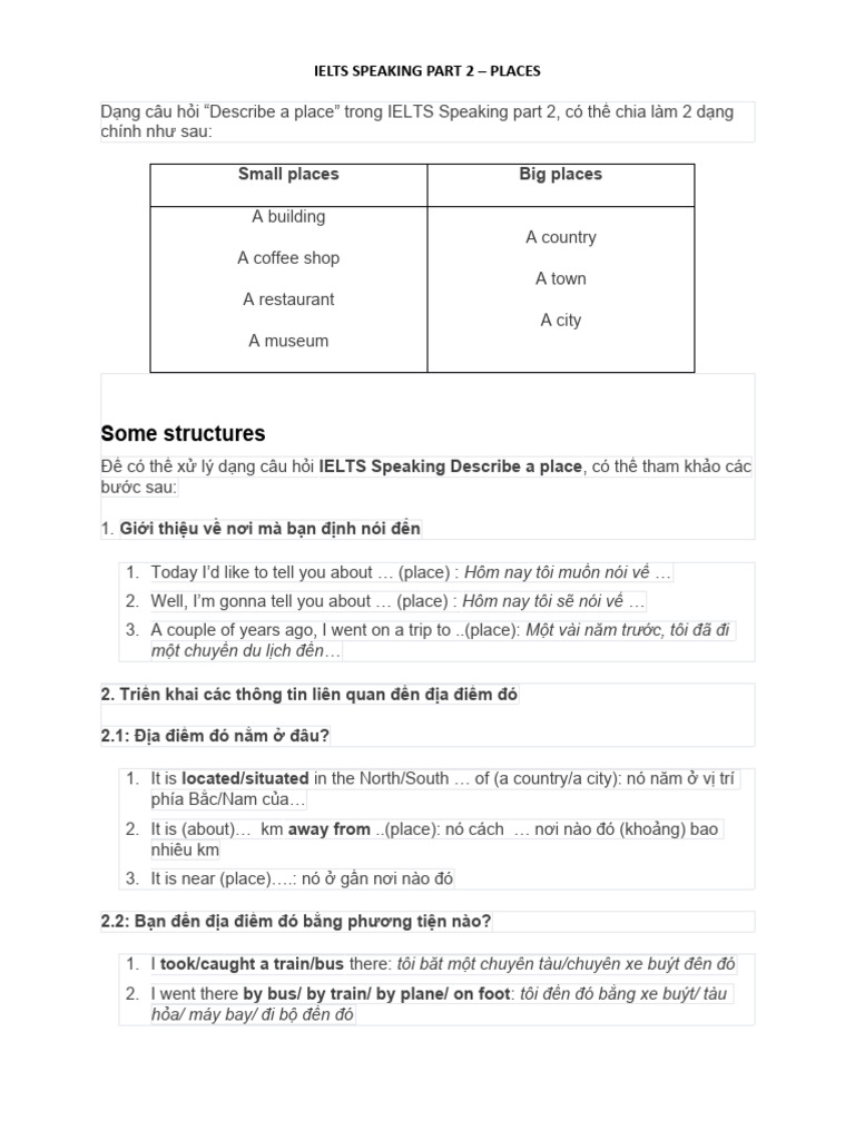 Ielts Speaking Part 2 - Places | PDF