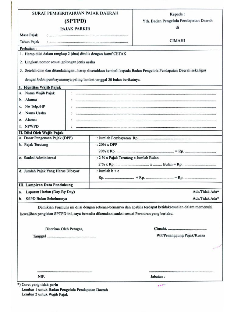 SPTPD Pajak Parkir | PDF