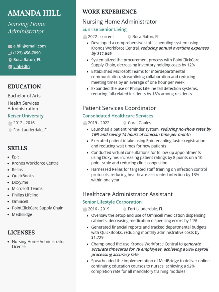 Nursing Home Administrator Resume Example | PDF | Nursing | Health Care
